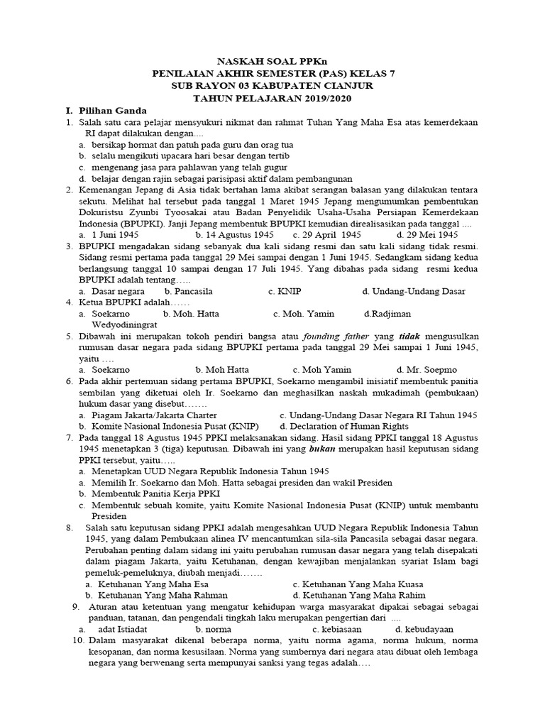 NASKAH SOAL PAS PPKN KLS 7 20192020 | PDF