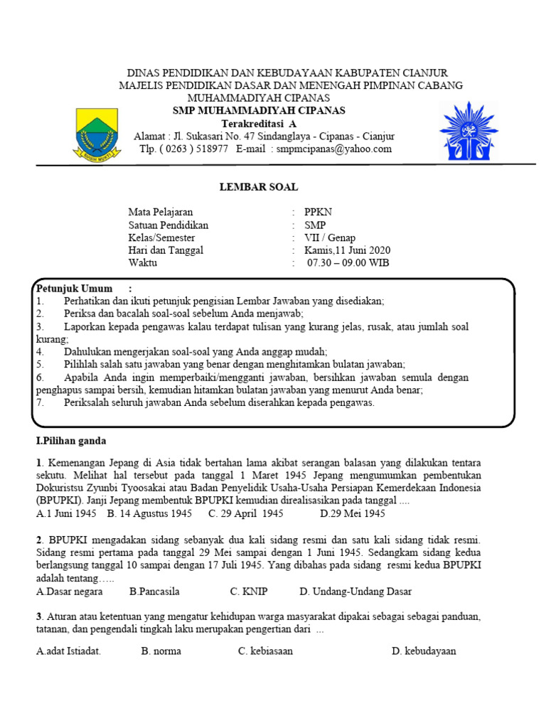 Naskah Soal PAT PPKN KELAS 7 SEM2 | PDF