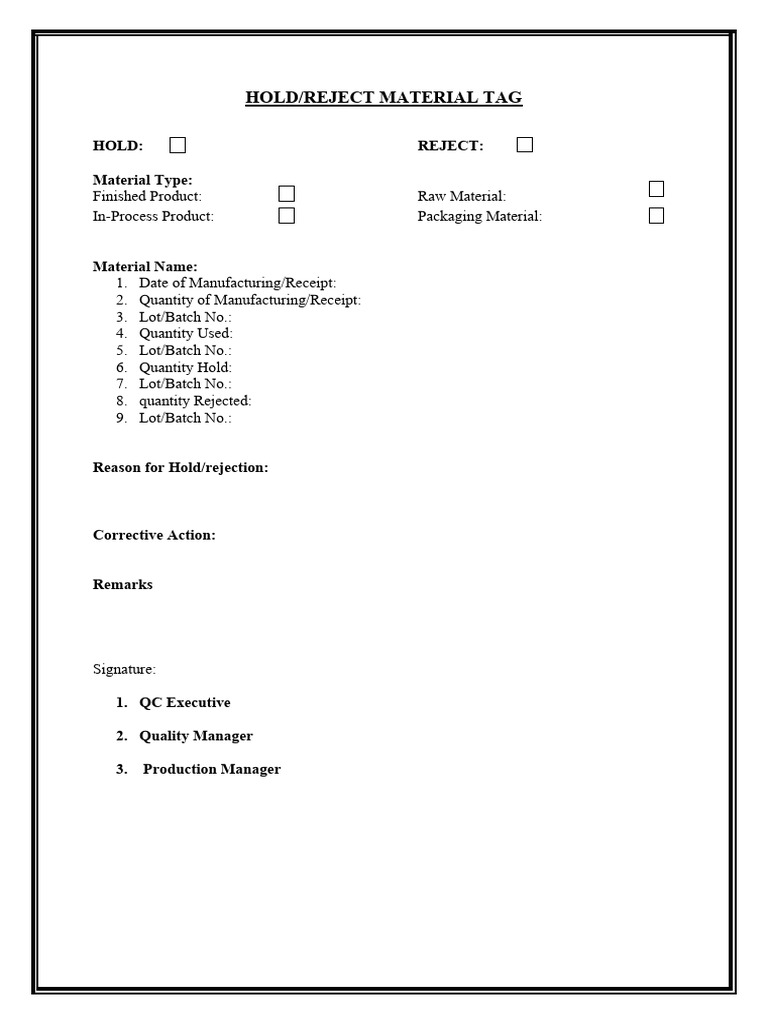 Material Hold/Reject Tag Format | PDF