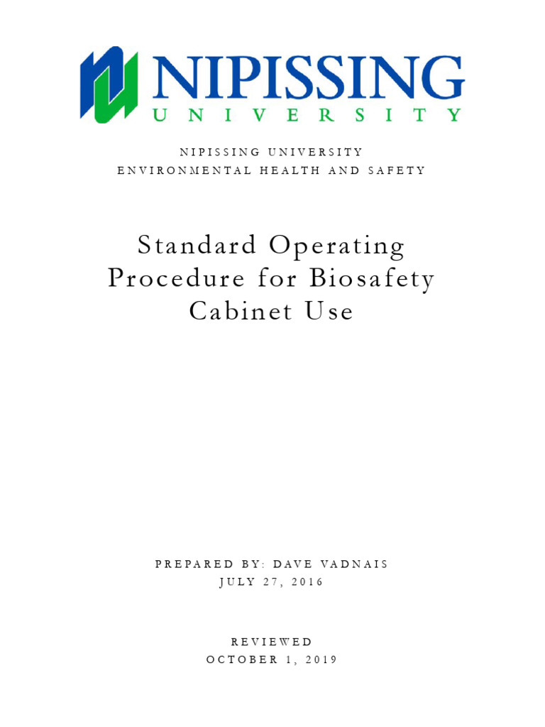 Nipissing University BioSafety Cabinet Use SOP | PDF | Safety
