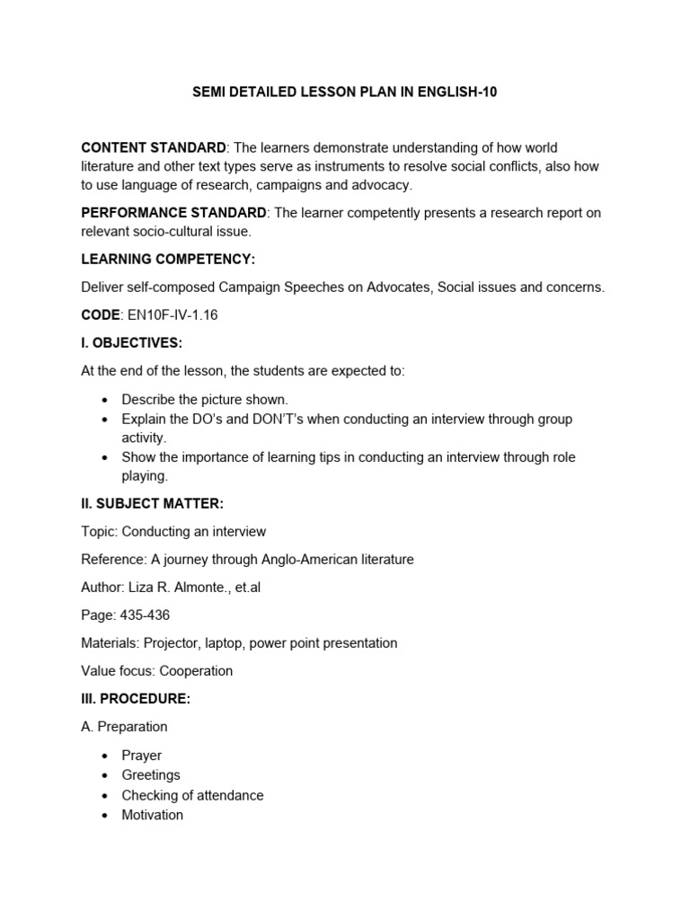 Semi Detailed Lesson Plan in English-10 | Download Free PDF | Teachers ...