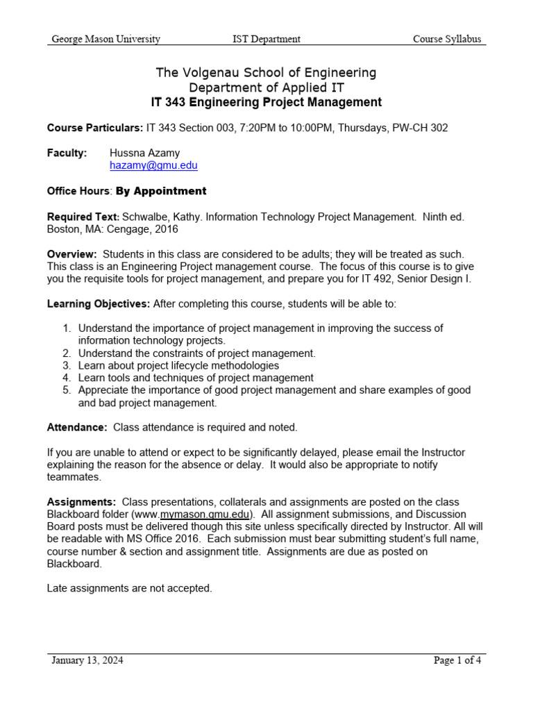 IT 343 Project Management Syllabus | PDF | Project Management