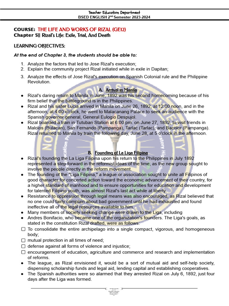 Chapter 5 - Rizal's Life - Exile, Trial, and Death | PDF