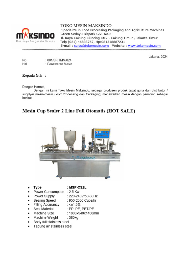 Penawaran Mesin Cup Sealer Maksindo | PDF | Bisnis