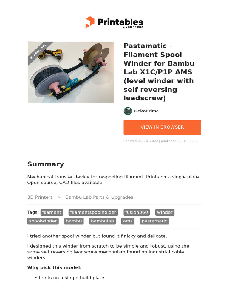 Pastamatic Filament Spool Winder | PDF