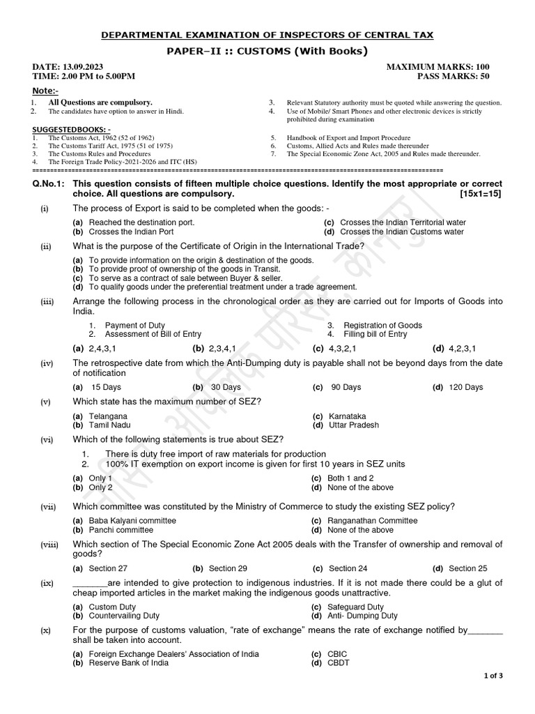 Customs Examination Paper II 2023 | PDF | Customs | Economies