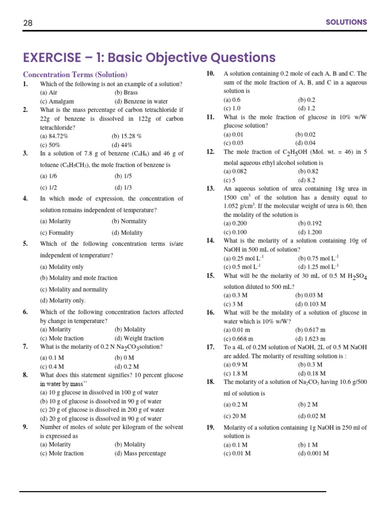 Chemistry Solutions: Objective Questions | PDF | Molar Concentration ...