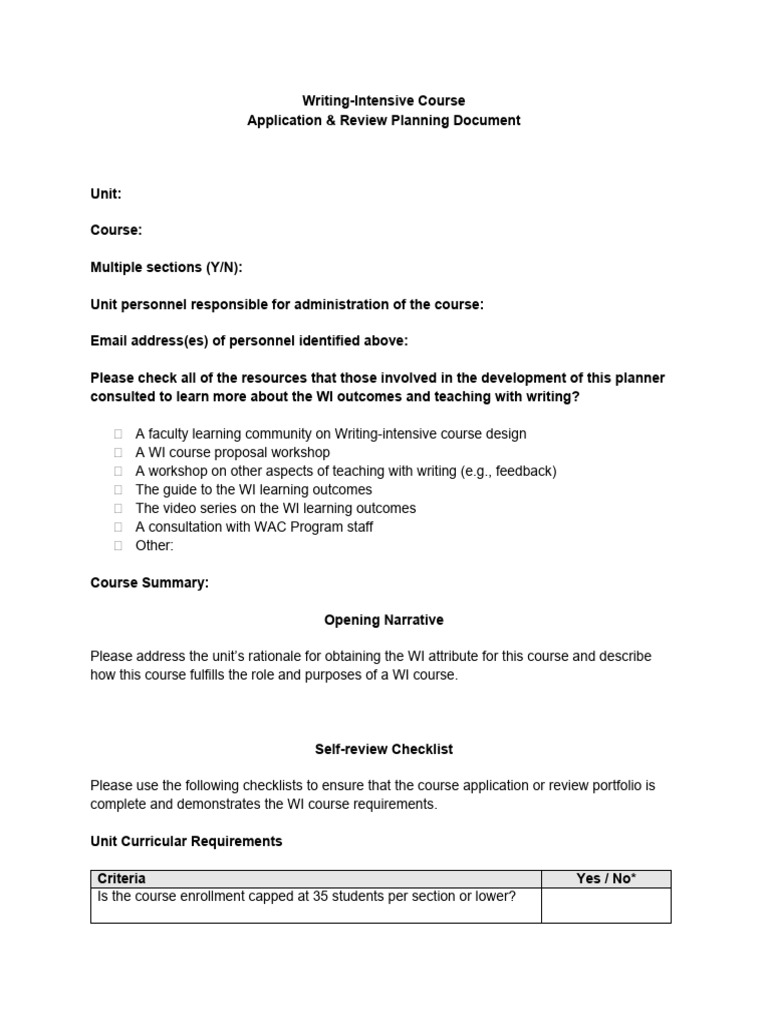 23 Writing Intensive Course Application Review Planner Template v3 ...