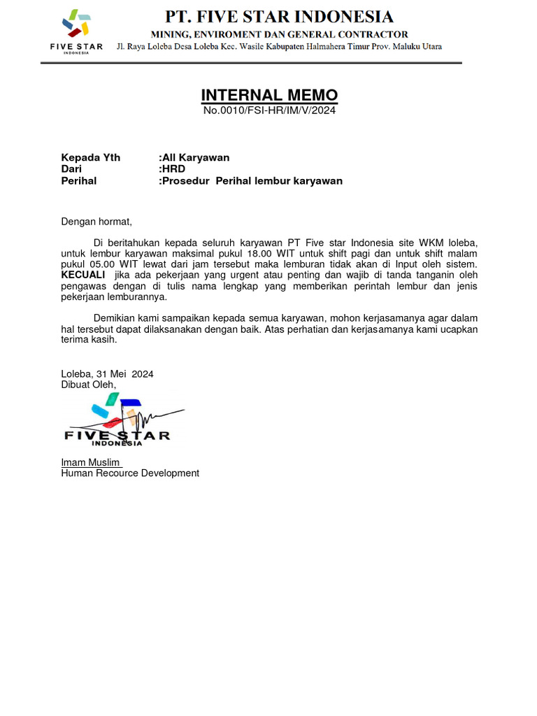 Internal Memo Perihal Lembur Karyawan | PDF