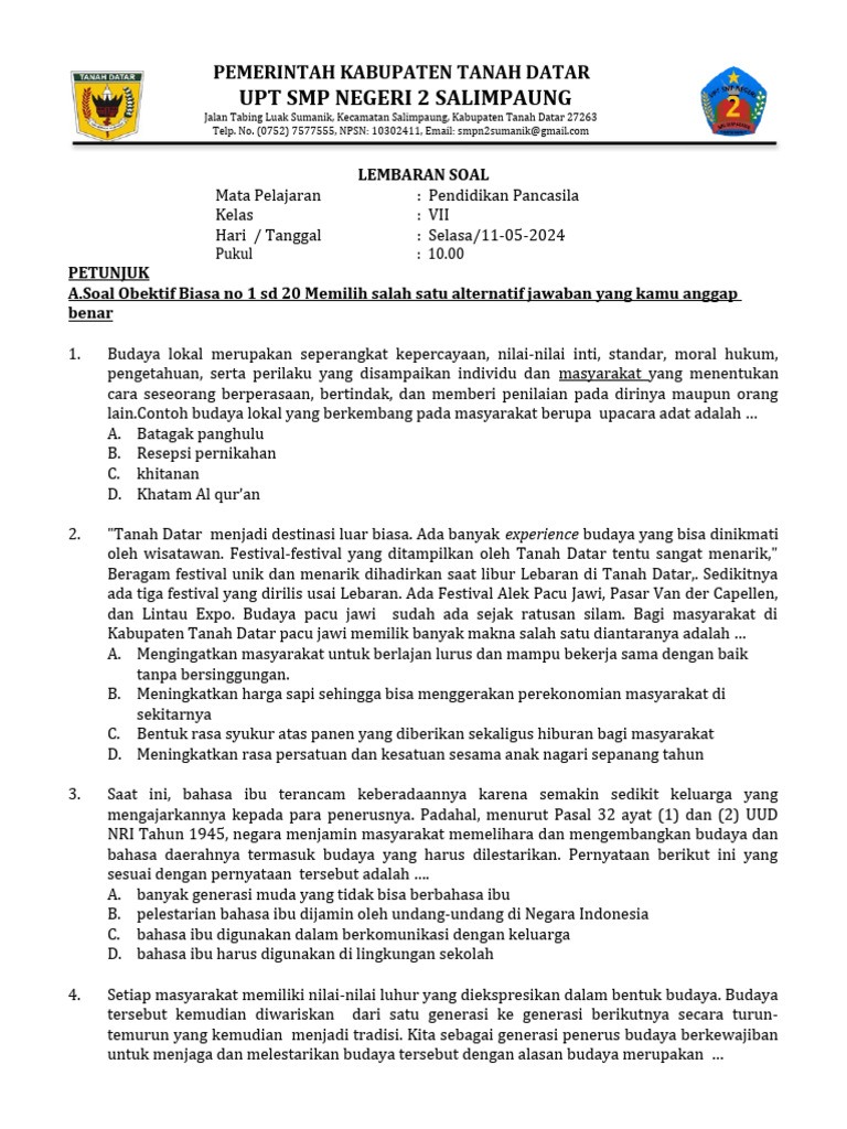 Naskah Soal Sas Kelas 8 SMT2 Ok | PDF