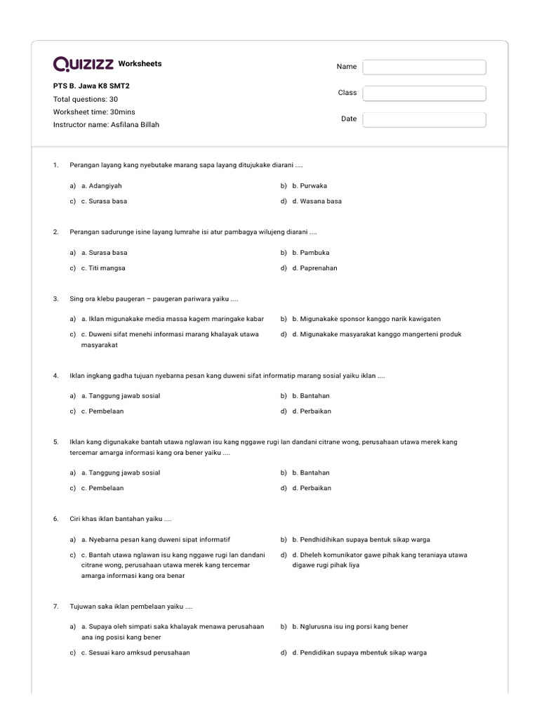 Pts B. Jawa k8 Smt2 - Quizizz | PDF