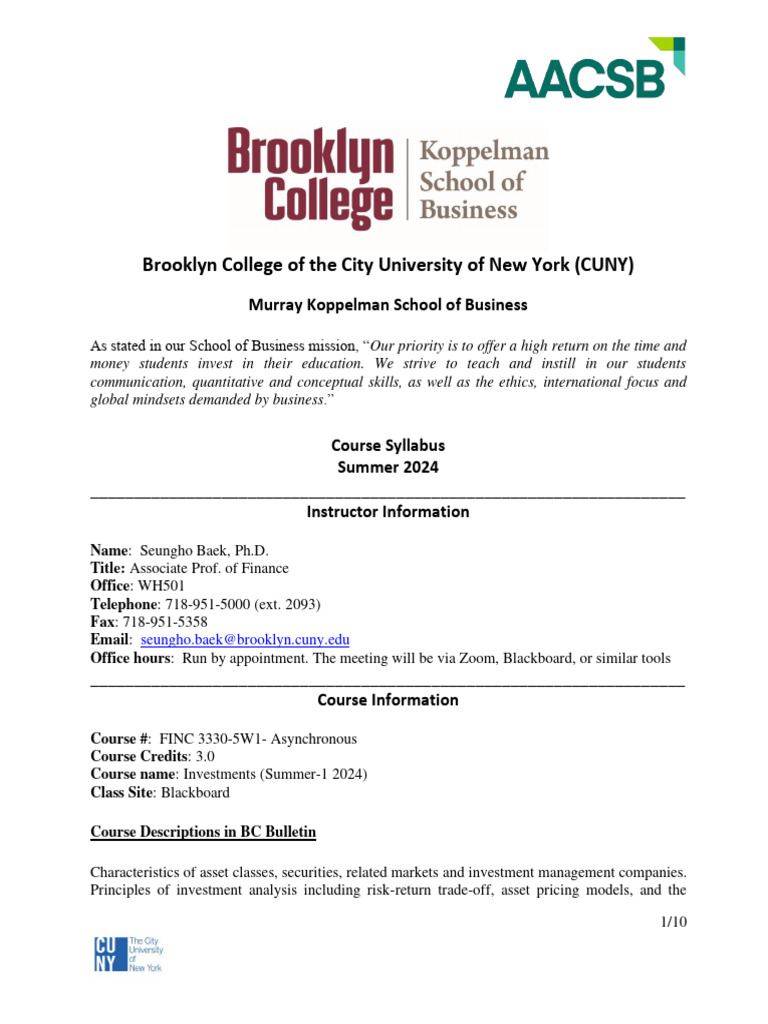 Investments Course Syllabus Summer 2024 | PDF | Investment Management ...