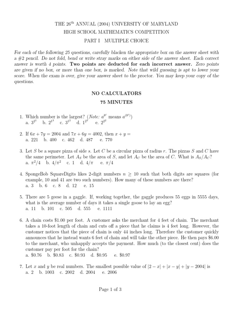 University of Maryland High School Mathematics Competition (2004-2012 ...