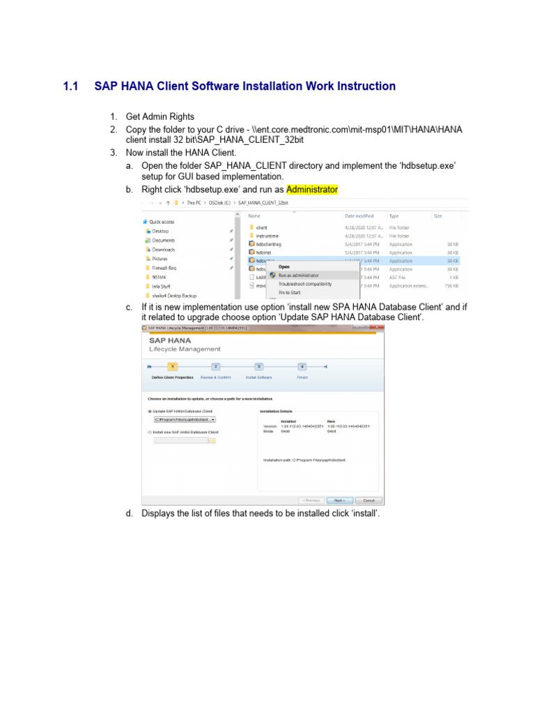 SAP HANA Client Software Installation Work Instruction | PDF