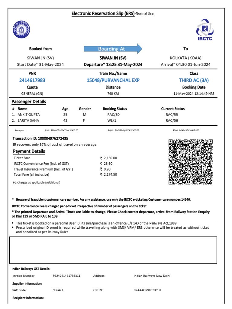 15048/purvanchal Exp Third Ac (3A) | PDF | Identity Document