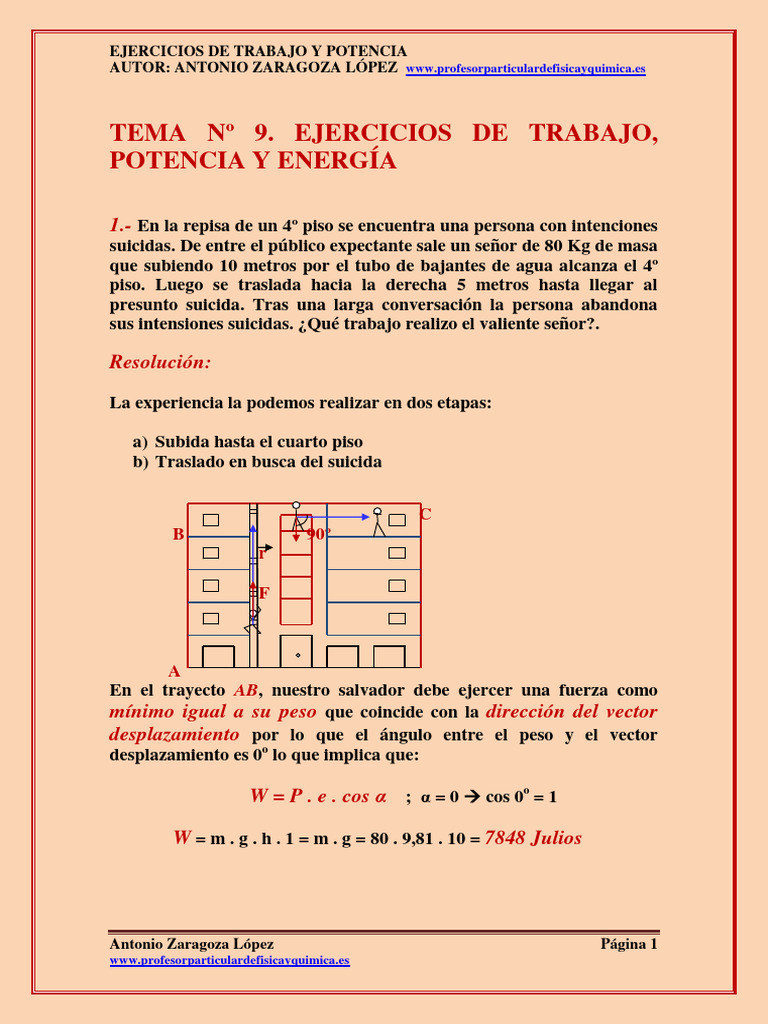 Tema9 Ejercicios Resueltos de Trabajo y Potencia Primero Bachillerato | PDF | Vatio | Fuerza