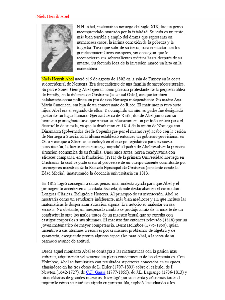 Vida y legado de Niels Henrik Abel | PDF | Integral | Objetos matemáticos