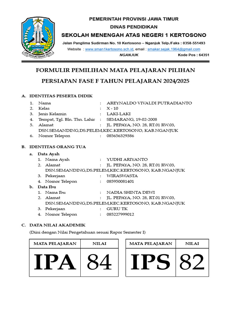 Formulir Mapel Pilihan 1 Nama Peserta Didik Pdf Kesehatan Holistik