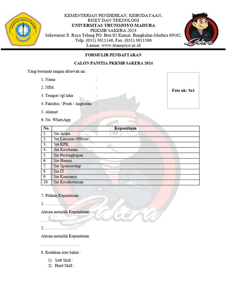 Formulir Pendaftaran PKKMB Sakera 2024 | PDF | Komputer