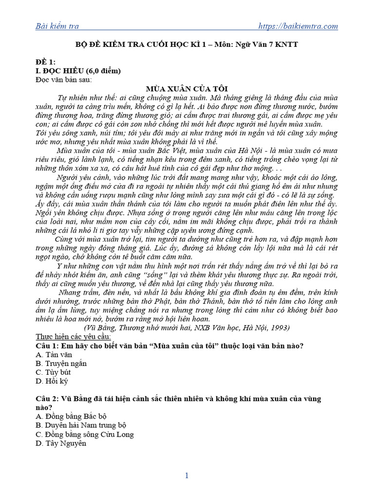 Bo de Thi Cuoi HPC Ki 1 Mon Ngu Van 7 KNTT | PDF