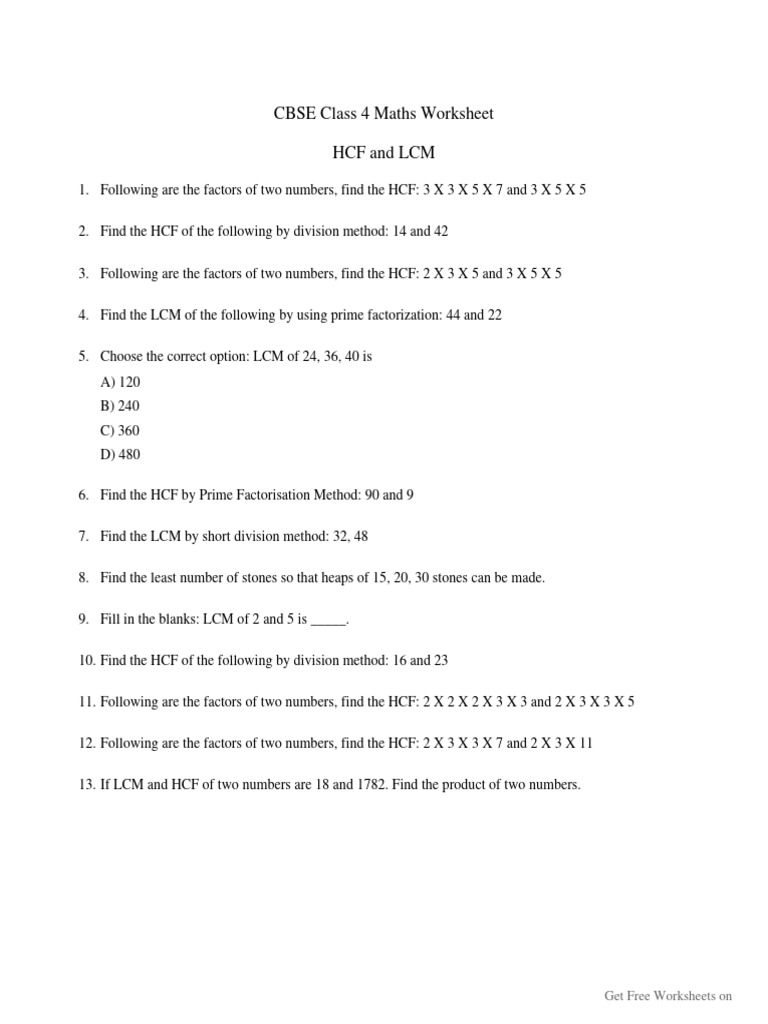 Class 4 Maths HCF & LCM Worksheets | PDF