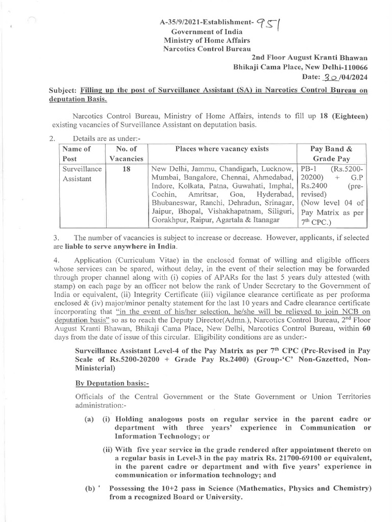 Ncb Surveillance Assistant Notification Application Form Pdf