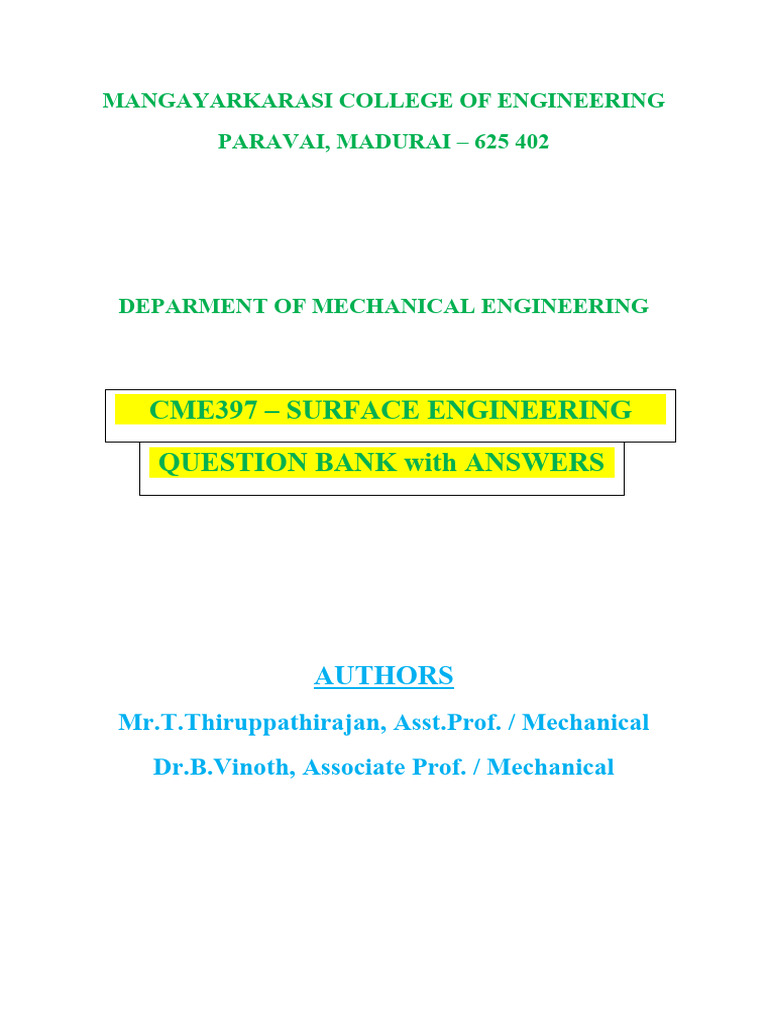 Cme397 - Surface Engineering Question Bank With Answers: Mangayarkarasi ...