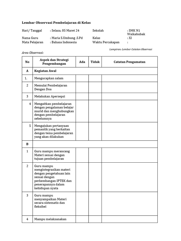 2 - Lembar Observasi Pembelajaran Di Kelas Yuli | PDF | Karier & Perkembangan