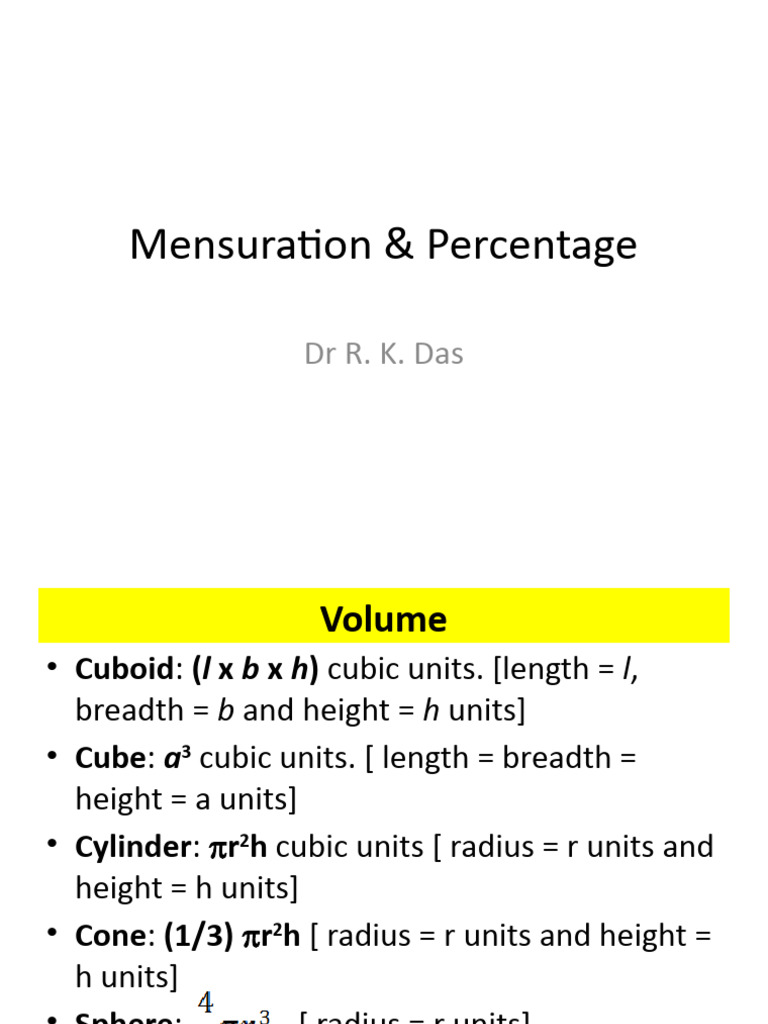 Mensuration and Percentage Concepts Explained | PDF | Area | Volume