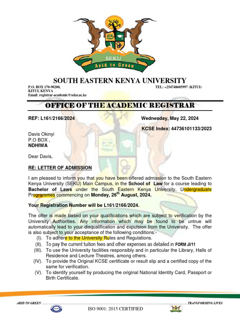 South Eastern Kenya University: Office of The Academic Registrar | PDF