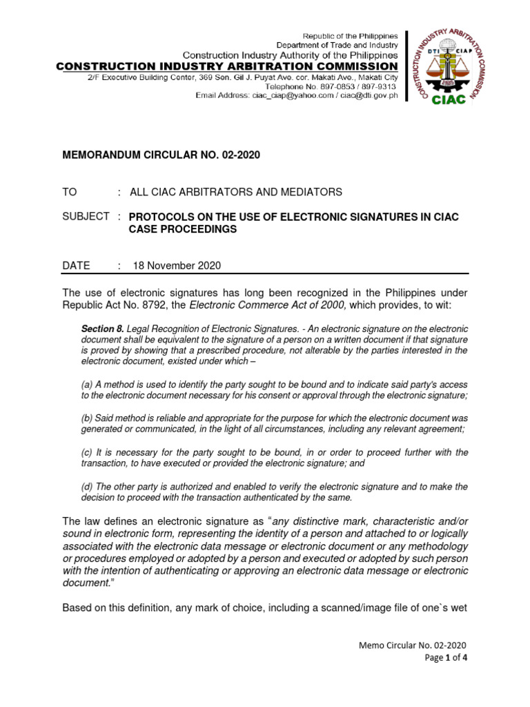 CIAC Memo Circular 02-2020 - Electronic Signatures | PDF