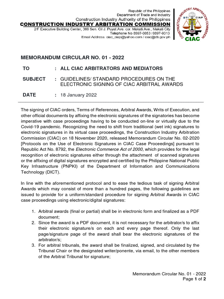 Memo Circular No. 01-2022 (Guidelines - Final Award Signing) | PDF ...