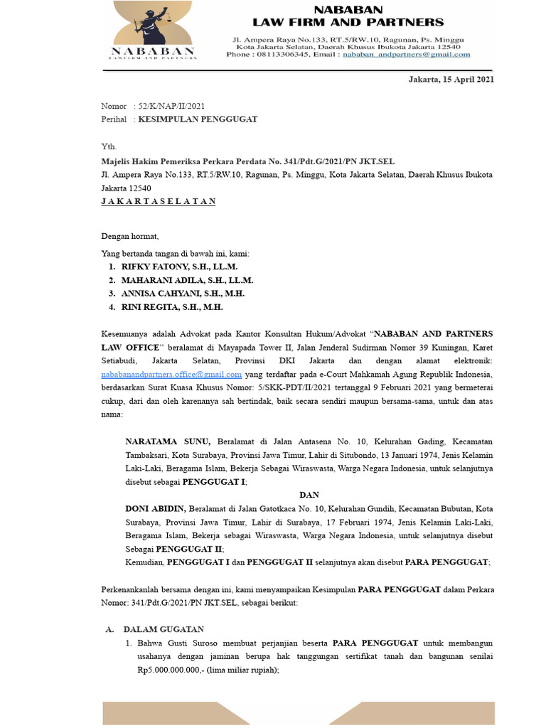 Perdata - Kesimpulan Penggugat | PDF | Hukum