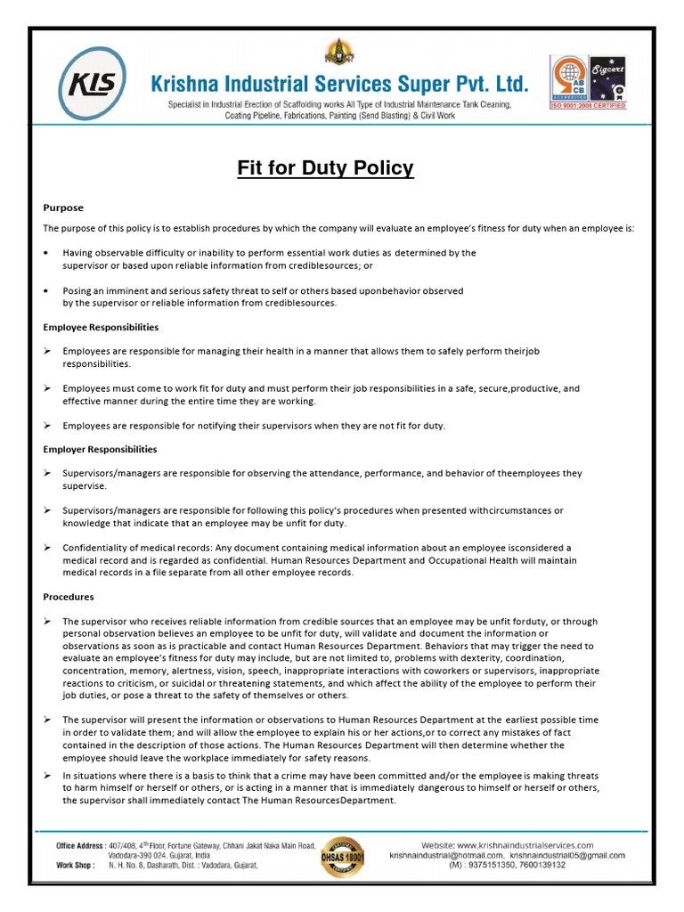 3.2 Fit For Duty Policy | PDF | Employment | Human Resources