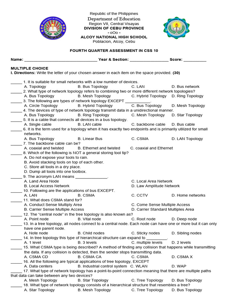 CSS 10 4TH Quarter Assessment | PDF | Network Topology | Malware