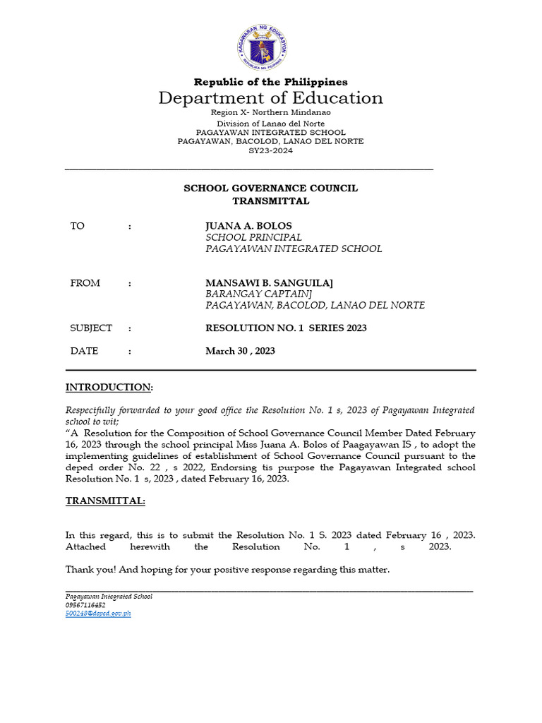 SGC Transmittal Letter Template | PDF | Government | Philippines