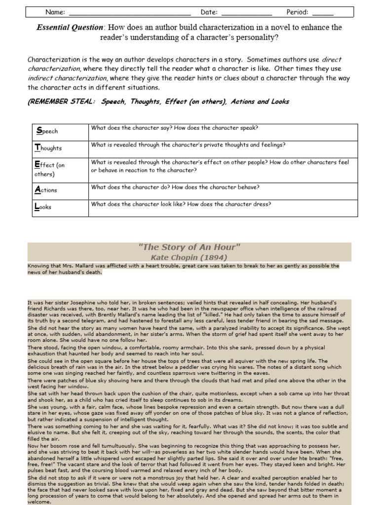 Direct Indirect Characterization STEAL Chart - Story of An Hour | PDF