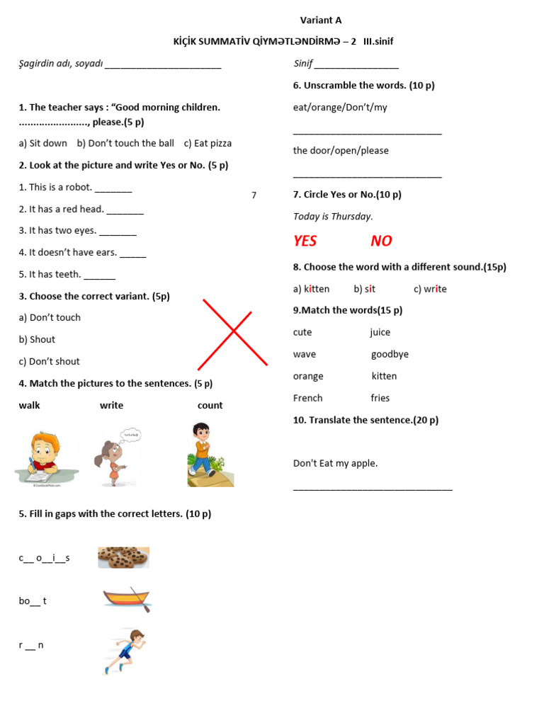 2nd Grade English Assessment Worksheet | PDF