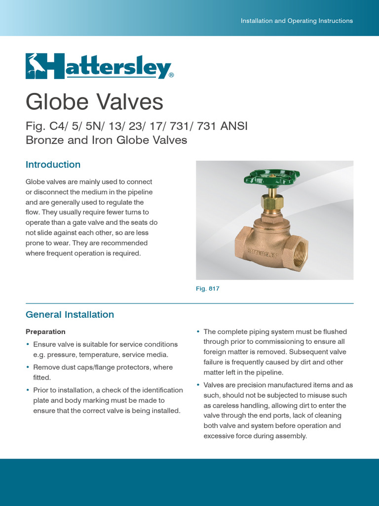 Globe Valves Hattersley IOM 1123 | PDF | Valve | Pipe (Fluid Conveyance)