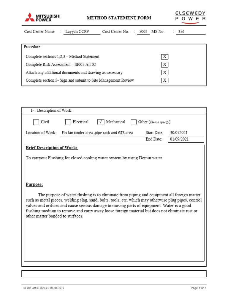Method Statement Closed Cooling Water Flushing | PDF | Pipe (Fluid ...