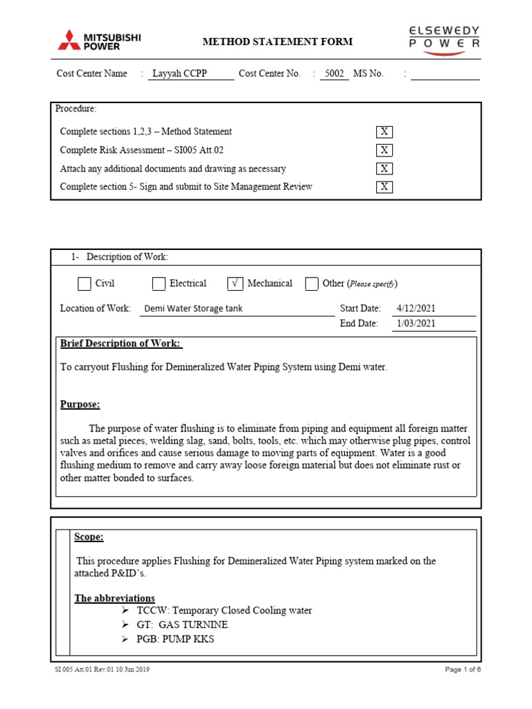 Method Statement Demi Water Flushing | PDF | Pump | Pipe (Fluid Conveyance)