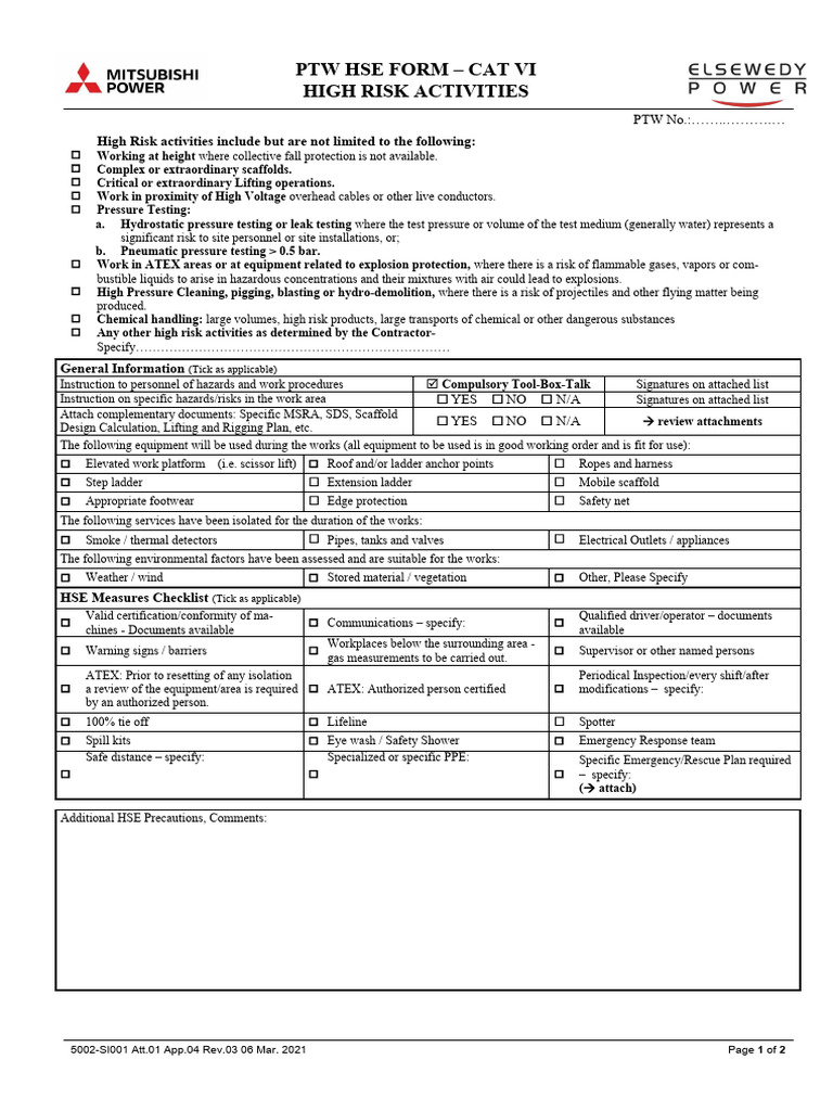 7.1.4 App.04 PTW HSE Form CAT IV - High Risk Activities | Download Free ...