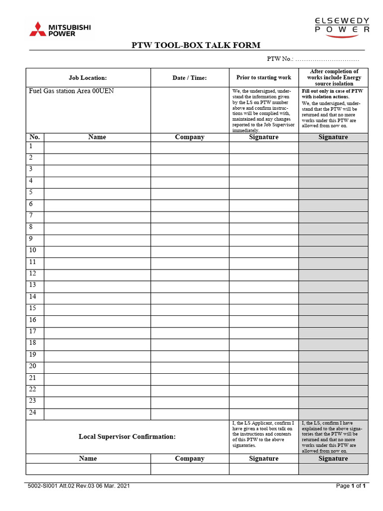 7.2 Att. 02 PTW Tool-Box Talk Form | Download Free PDF | Chemical ...
