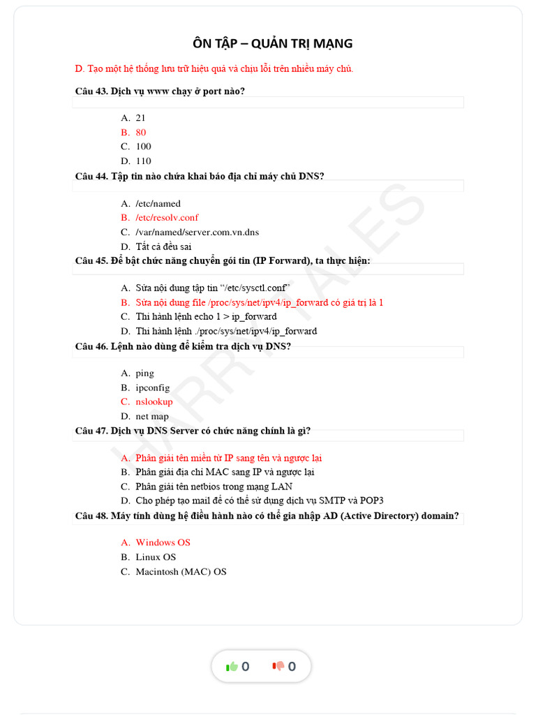 80 Cau Trac Nghiem On Tap Quan Tri Mang Co Dap An Phan 2 - Compress | PDF