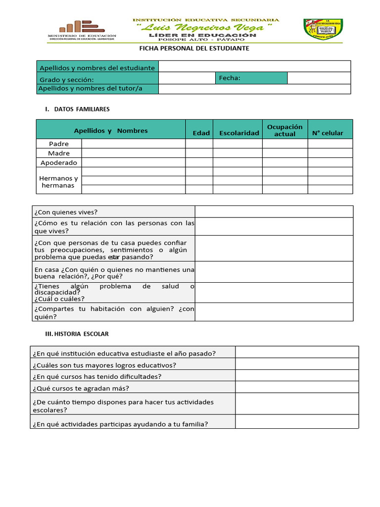 Ficha Personal del Estudiante: Datos Clave | PDF | Relaciones ...