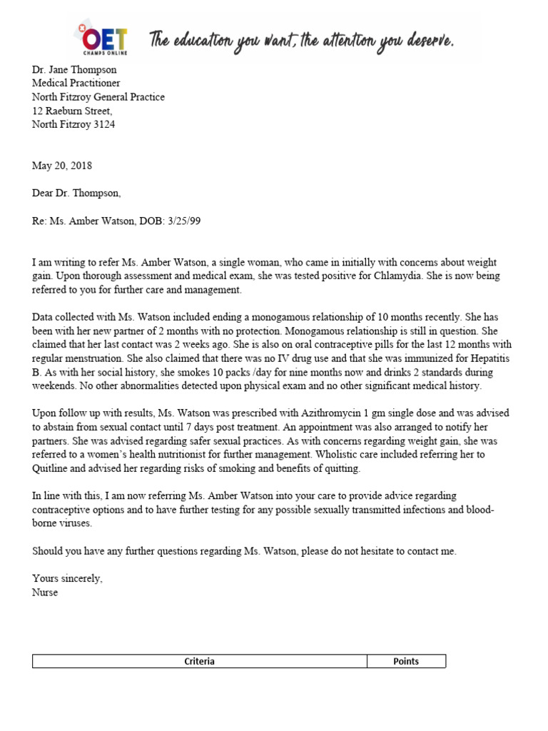 OET Sample Writing Test | PDF | Birth Control | Physical Examination