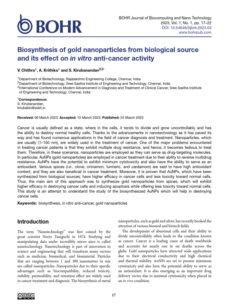 Biosynthesis of Gold Nanoparticles From Biological Source and Its Effect On in Vitro Anti-Cancer ...