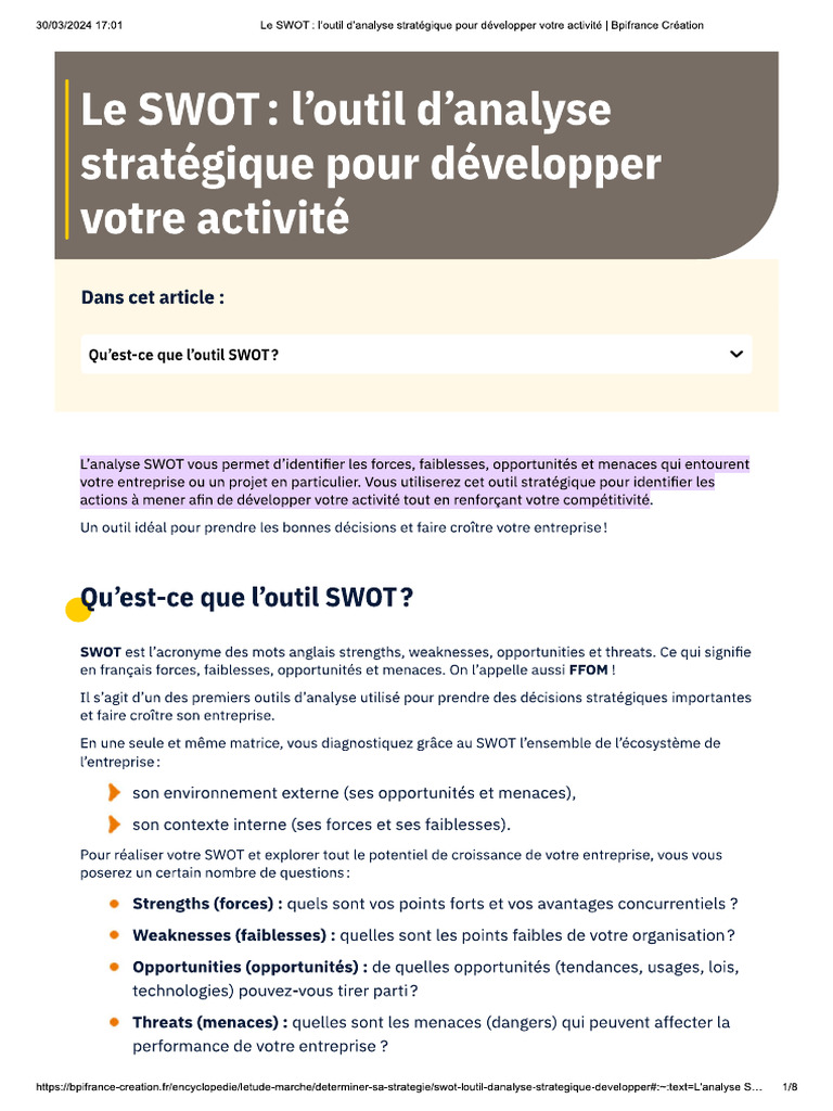 Le SWOT - L'outil D'analyse Stratégique.. | PDF
