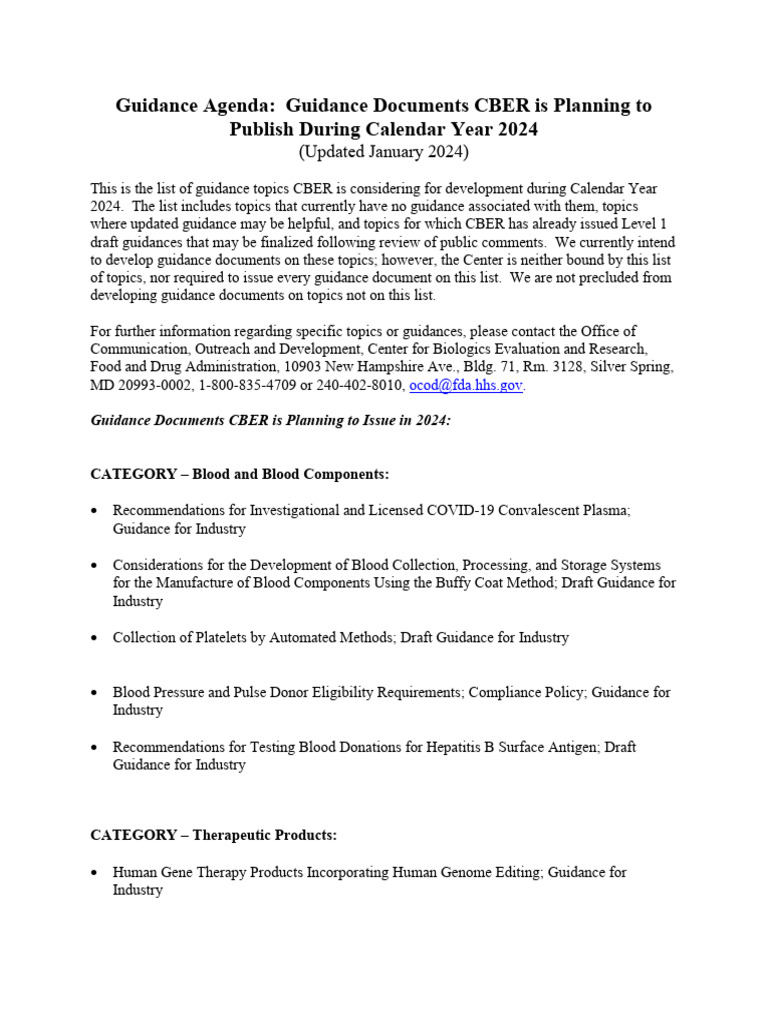 CBER 2024 Guidance Document Agenda | PDF | Blood Donation | Life Sciences