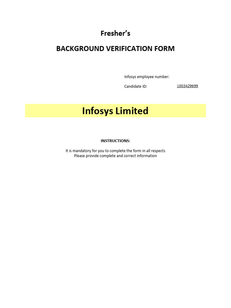 Infosys Fresher Background Verification Form | PDF | Employment
